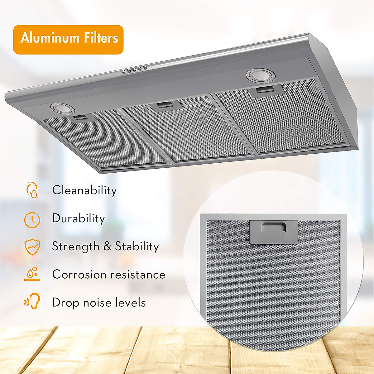 FIREGAS Under Cabinet Range Hood 36 inch with Ducted/Ductless Convertible, Slim Kitchen Stove Vent Hood, LED Light, 3 Speed Exhaust Fan, Reusable Aluminum Filter, Push Button,Charcoal Filter