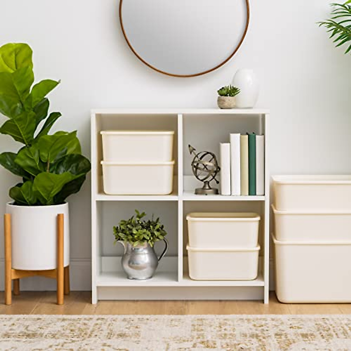 IRIS USA Plastic Modular Basket Bin & Lid, Small, 4-Pack, Stackable Lidded Storage Organizer Bins for-Kitchen-Bathroom and Bedroom, OFF White