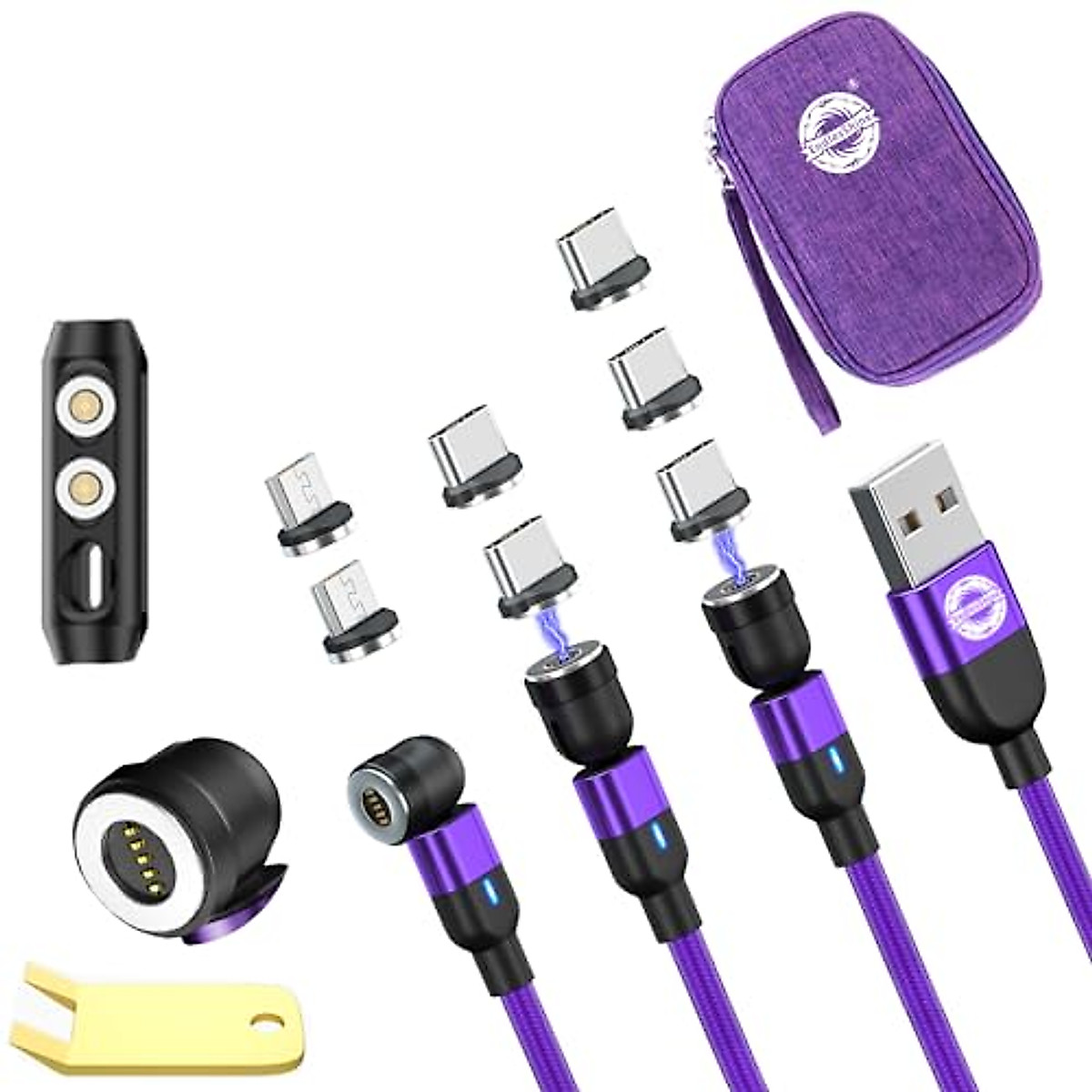 EndlesShine Magnetic Charging Cable(3Pack3.3/6.6/6.6FT&Cable Bag),One-Handed Charging Magnetic Phone Charger 3 in 1 Compatible with Micro USB, Type C 3A Charging USB Data Sync Cable(Purple)