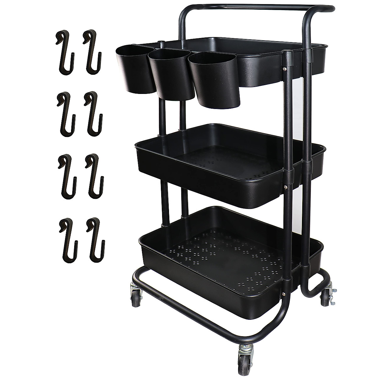 Piowio 3 Tier Utility Rolling Cart Multifunction Organizer Shelf Storage Cart with Handle and Lockable Wheels for Home Kitchen Bathroom Laundry Room Office Store etc. (Black)