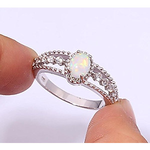 CiNily Opal Wedding Engagement Ring-14K White Gold Plated White Fire Opal with Cubic Zirconia for Women Bridal Gemstone Ring Size 5