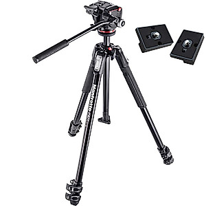 Manfrotto MK190X3-2W 190 Aluminum 3 Section Tripod Kit with MHXPRO-2W Fluid Head (Black) and Two ZAYKIR Quick Release Plates for The RC2 Rapid Connect Adapter