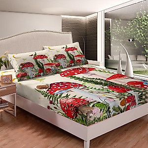 Watercolor Mushroom Bed Sheet Set Queen,Jungle Botanical Plants Butterfly Snail Soft Microfiber Sheet Set for Kids Adults,Glittering Starry Sky Moon Fitted Sheet + Flat Sheet + 2 Pillow Cases