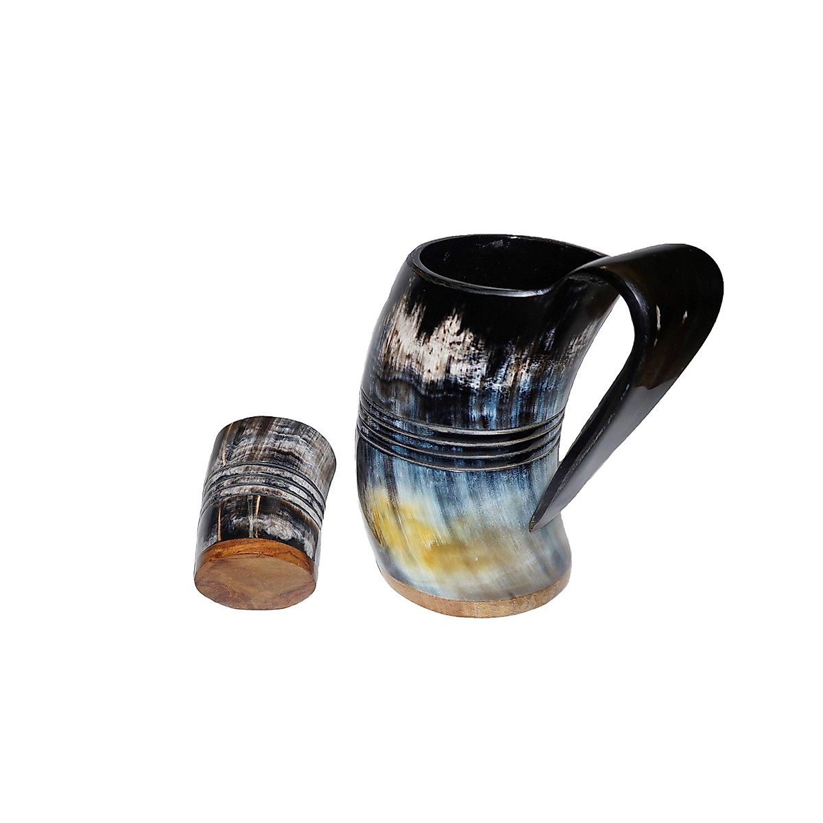 Authentic Handcrafted Buffalo-Horn Viking Drinking Mug With Natural Mango Wood Bottom 16.9 oz (500 ml) |Shot Glass 3" | Burlap Gift Sack | Fenrir Keychain |All Engraved |An Elegant Gift-Set (Polished)