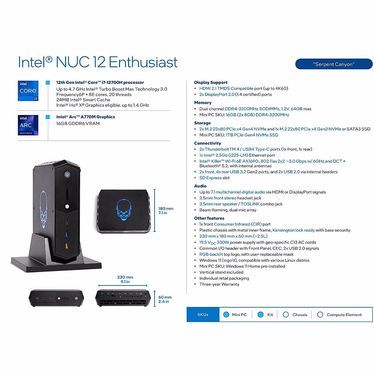 Intel NUC 12 Enthusiast NUC12SNKi7 Mini PC Core i7-12700H | 14 Cores/20 Threads | ARC A770 Graphics | Windows 11 Pro 64GB RAM | 1TB SSD - Packed Connectivity 6 USB-A, 2 USB-C, 1 HDMI, 2 Display Ports