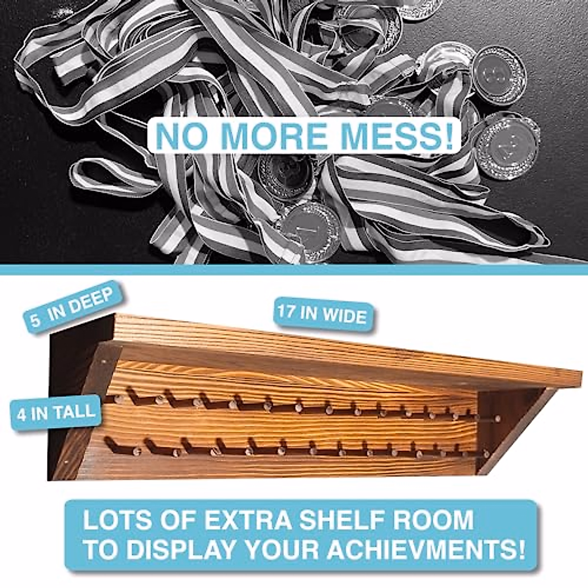 Athwana Premium Wooden Medal Display with Reinforced Shelf & Wooden Hooks I Easy Install I More Hooks & Extra Wide Shelf