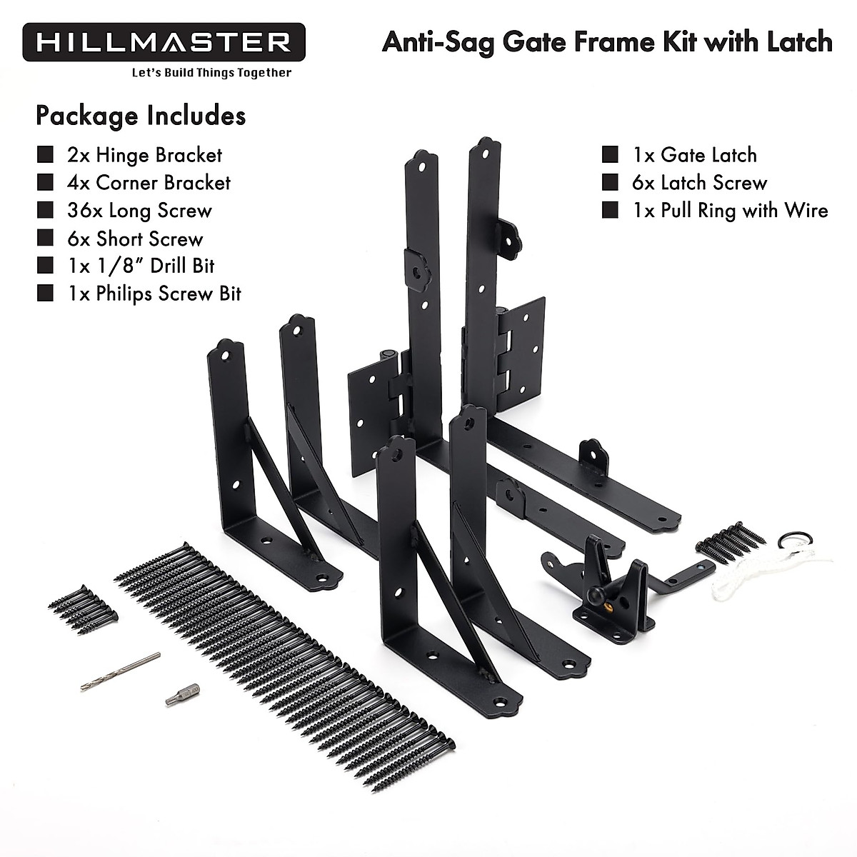 HILLMASTER Anti Sag Gate Frame Kit Gate Corner Brace Bracket Heavy Duty Adjustable Gate Hardware with Gate Latch for Wooden Fences,Driveway Gates,Shed Doors,Corral Gates,Wood Windows