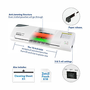 SINCHI 40-Second Warm-up, 3-5 mil, 13-inch Laminator & 3 Mil 200 Pack & 5 Mil 100 Pack Laminating Sheets