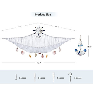 Mkono Stuffed Animal Hammock Toy Storage Nautical Style Hanging Stuff Animals Net Organizer with Shells and Nautical Decor, Large Steering Wheel Fishing Toys Net for Nursery Playroom Kid's Room