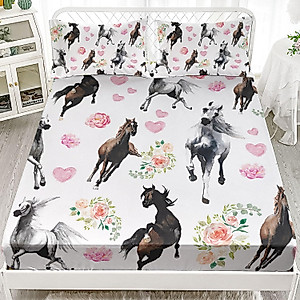 Smell Sunshine Horses Sheets Set 4Pcs for Kids,Horses Flowers Printed Sheet Set with 1 Flat Sheet and 1 Fitted Sheet + 2 Pillowcases(Horses Flowers Full)