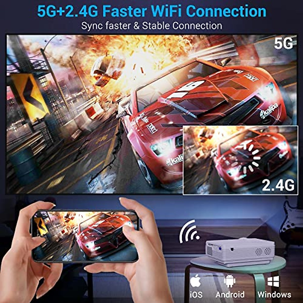 Projector with WiFi and Bluetooth, 5G WiFi Native 1080P 8500L YOWHICK Outdoor Projector 4K Support, Mini Portable Movie Projector with Screen, for HDMI, VGA, USB, Laptop, iOS & Android Phone