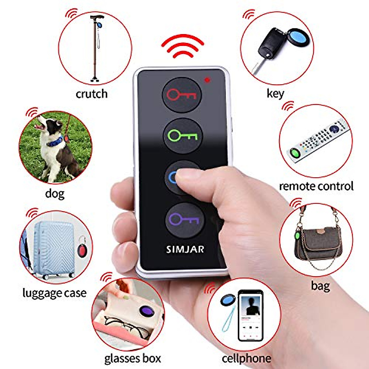 Key Finder with Extra 4 Long Chains & Up to 131ft Working Range in Open Space, Simjar Wireless Remote Control RF Key Finder Locator for Keys Wallet Phone Glasses Luggage Pet Tracker
