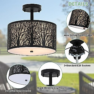 Stepeak Semi Flush Mount Ceiling Light Fixture, Black Light Fixture, 3-Light Drum Light with Etched Pattern Shade, Farmhouse Ceiling Lights for Bedroom Kitchen Hallway Dining Room Foyer Entryway