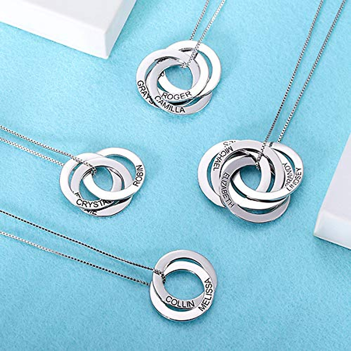 Getname Necklace Personalized Custom Engraved Russian Ring Necklace Family Name Necklace Sterling Silver 925 Mother' s Day jewelry 2 Name & 3 Name & 4 Name & 5 Name