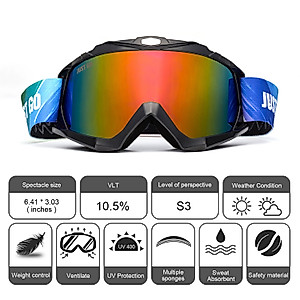 JUST GO Ski Goggles for Skiing Dual-Layer Anti-Fog 100% UV Protection lens Snowboard Goggles, Black Frame/Red Revo Lens (VLT 10.5%)