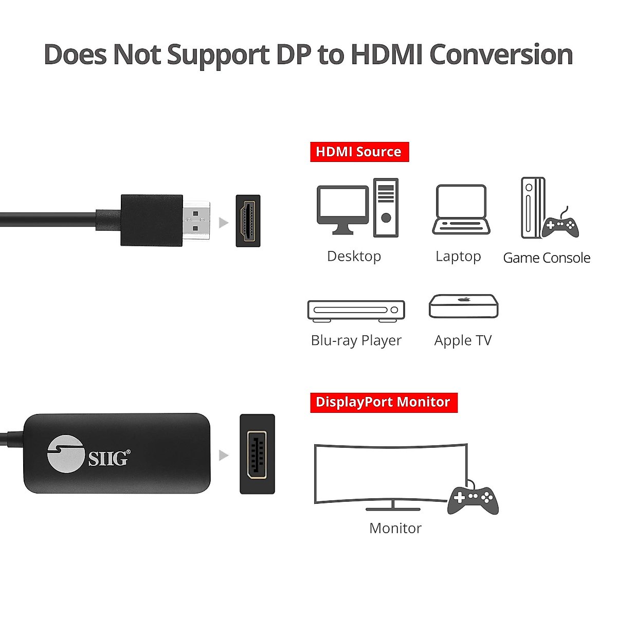 SIIG HDMI 2.0 to DisplayPort 1.2 4K@60Hz Converter Adapter, HDCP 2.2, Stereo Audio, USB-Powered, Not Compatible with Apple Studio Display (CB-H21811-S1)