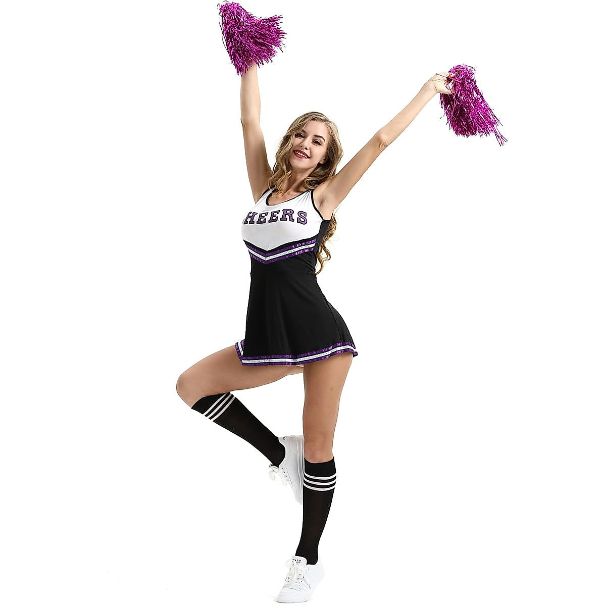 JELEUON Women Sexy Cheerleader Uniform School Musical Dance Dress Match Pom poms Socks Halloween Costume Fancy Dress Outfits