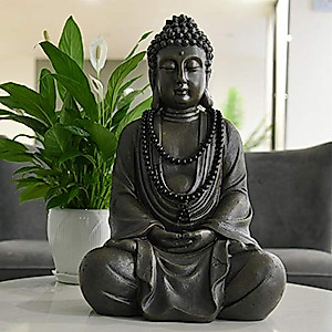 Goodeco 11.4" Meditating Buddha Statue Home Decor - Meditation Gifts for Room/Garden/Patio/Deck/Porch Yard Art Decoration,Buda Statues with Natural Wood Beaded Necklace,Antique Bronze Look