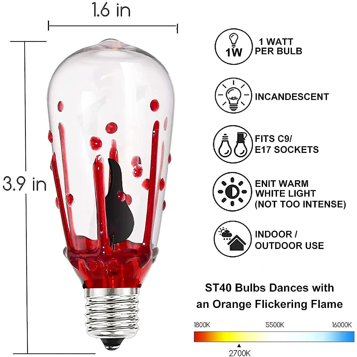 10 Pack Halloween Flicker Flame Replacement Bulbs, ST40 Halloween Bloody Drop Bulbs with Red Flickering Flame for Outdoor String Lights Halloween Party Haunted House, 1W E17 Intermediate Base Bulb