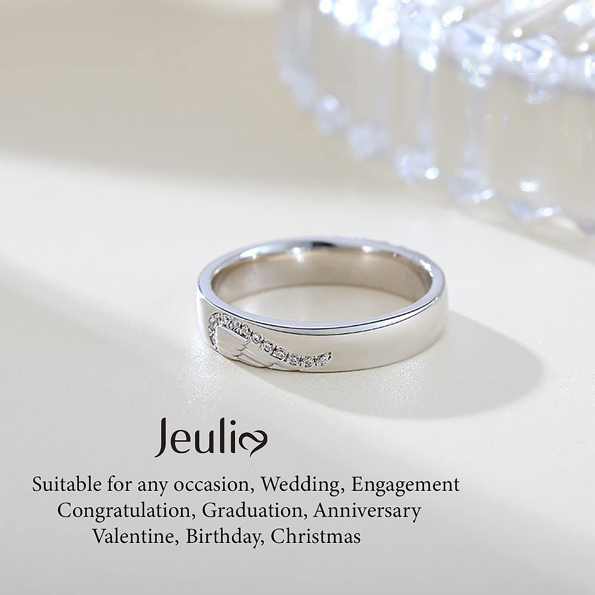 Jeulia Sterling Silver Band for Women Heart Shape Two Tone Angel Wing Fingerprint Inlay Rings Couples Wedding Engagement Promise Jewelry with Gifts Box (Angel Wing, 10)