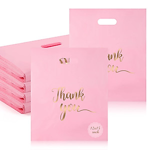 200 Pieces Plastic Thank You Bags Plastic Shopping Bags for Small Business Pink Gift Bags with Handles Merchandise Bags with Gold Thank You Logo for Party Stores Business Gift Supplies (12 x 15 Inch)