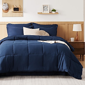 Bedsure Navy Bedding Sets Queen - 7 Pieces Solid Bed in a Bag, Queen Bed Set Navy with Comforter, Sheets, Pillowcases & Shams