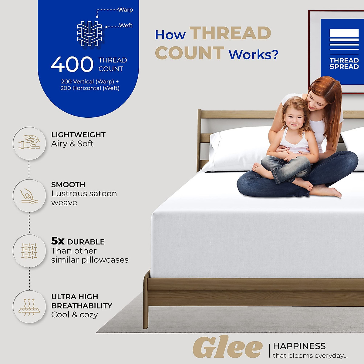 THREAD SPREAD 100% Cotton Pillowcases Standard/Queen Size Sets of 2-400 Thread Count White Cotton Pillowcases, Ultra Soft Cooling Sateen Weave Pillow Cases for Sleeping, Sets of 2 Pillow Covers