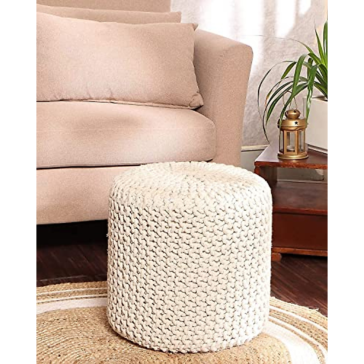 REDEARTH Cylindrical Hand Knitted Pouf - Foot Stool Ottoman - Cord Boho Pouffe - Cotton Round Poof for Home Decor - Living Room - Nursery - Bedroom - Patio (16" x 16" x 16") - Ivory