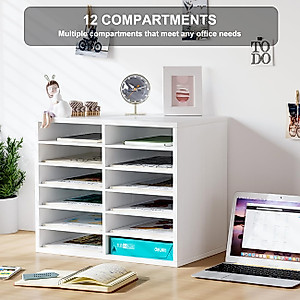 PAG Countertop Mail Sorter Organizer, Wooden Literature Organizer, Student Mailbox for Classroom, Desktop Bill Organizer for Office Home School, 12 Compartments, White