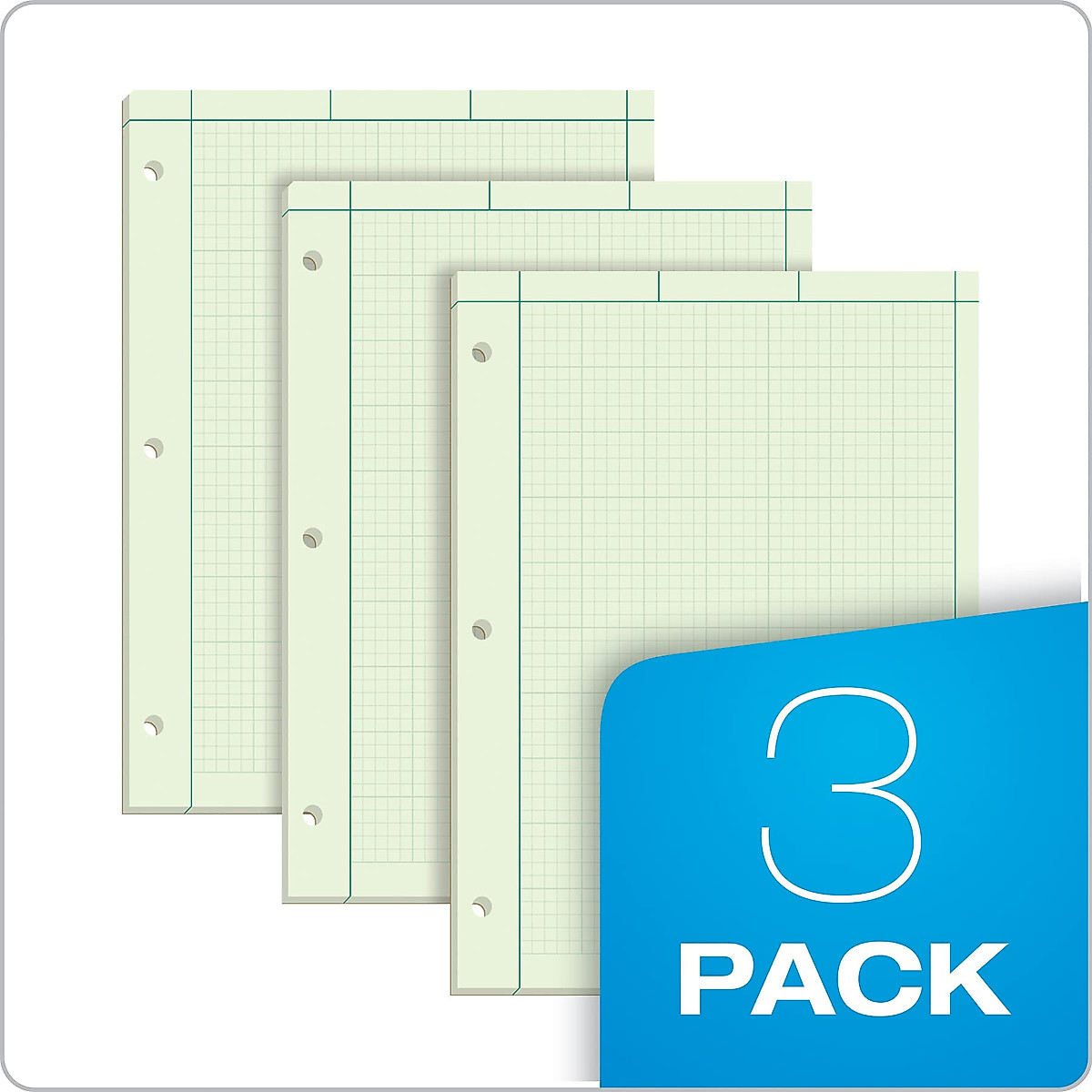 TOPS Engineering Computation Pads 3 Pk, 8-1/2" x 11", Glue, 5 x 5 Graph Rule on Back, Green Tint Paper, 3-Hole Punched, 100 Sheets per Pad (35507)