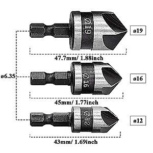 Mesee 3Pcs Countersink Chamfer Drill Bit Set, 5 Flute 90 Degree Chamfering Countersink Bits with 1/4Inch Hex Shank, 12mm 16mm 19mm