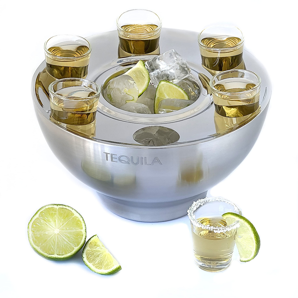 Maverick Unity Tequila Glasses and Bottle Holder on Ice, Tequila Gift Set, 6 Shot Glasses included - Tequila serving set.
