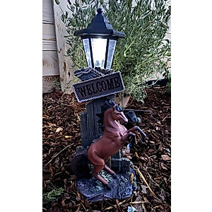 Ebros Large Rustic Country Western Rearing Chestnut Horse by Farm Outpost with Welcome Sign Statue Equipped with Solar LED Lantern Light Stallion Horses Decor Figurine for Patio Poolside Garden Home