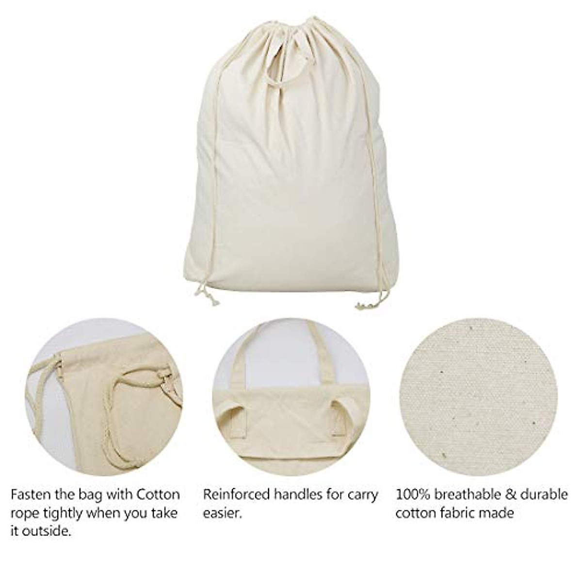 2 Pcs Canvas Laundry Bags with Carrying Handles & Drawstring Closure, Machine-washable Laundry Lining Bags for Laundry Hamper or Baskets