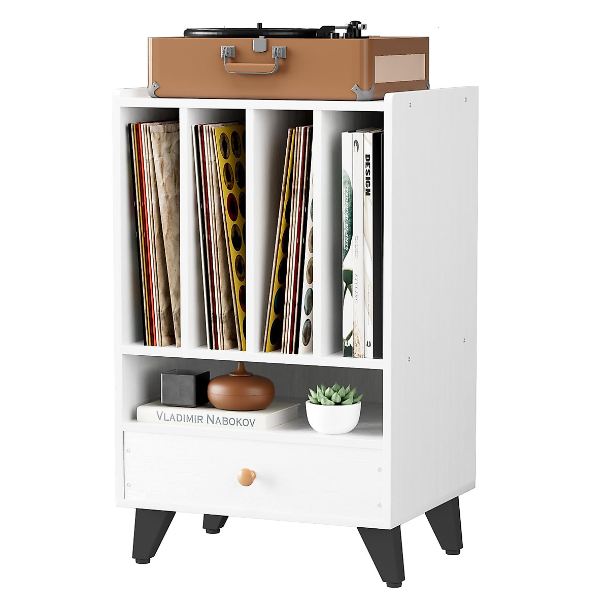 Gannyfer Vinyl Record Storage Table,3-Tier Record Player Stand with Metal Legs,Cube Turntable Stand Record Holder Up to 150 Albums,Retro Vinyl Storage Cabinet Display Shelf for Bedroom Living Room