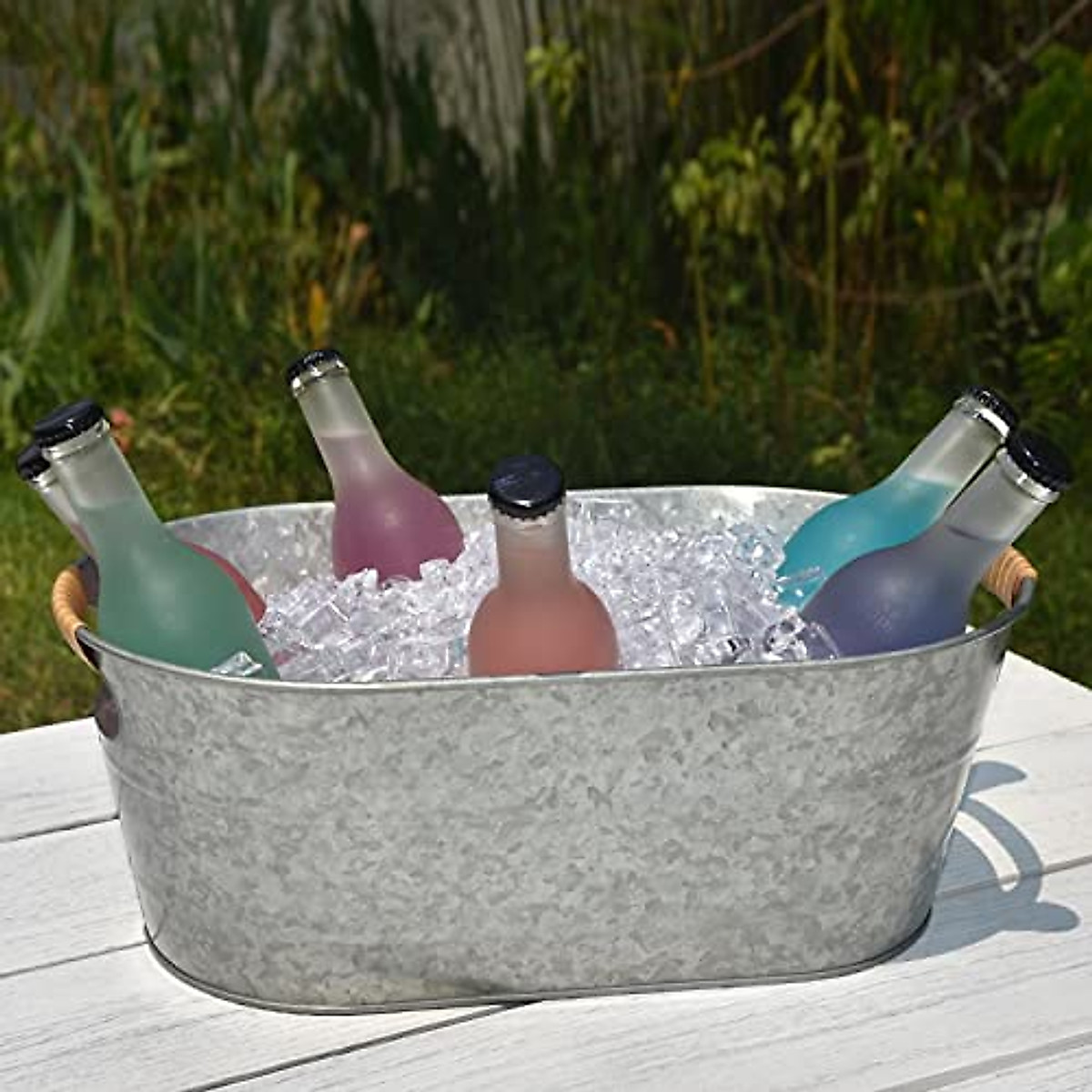 2 Pack Farmhouse Metal Galvanized Beverage Tub, Beer, Wine, Ice Holder - Ice Buckets for Parties,1.45 Gallons Rustic Vintage Storage Oval Bucket Bin - Galvanized/Cutout Handle with PE Rattan