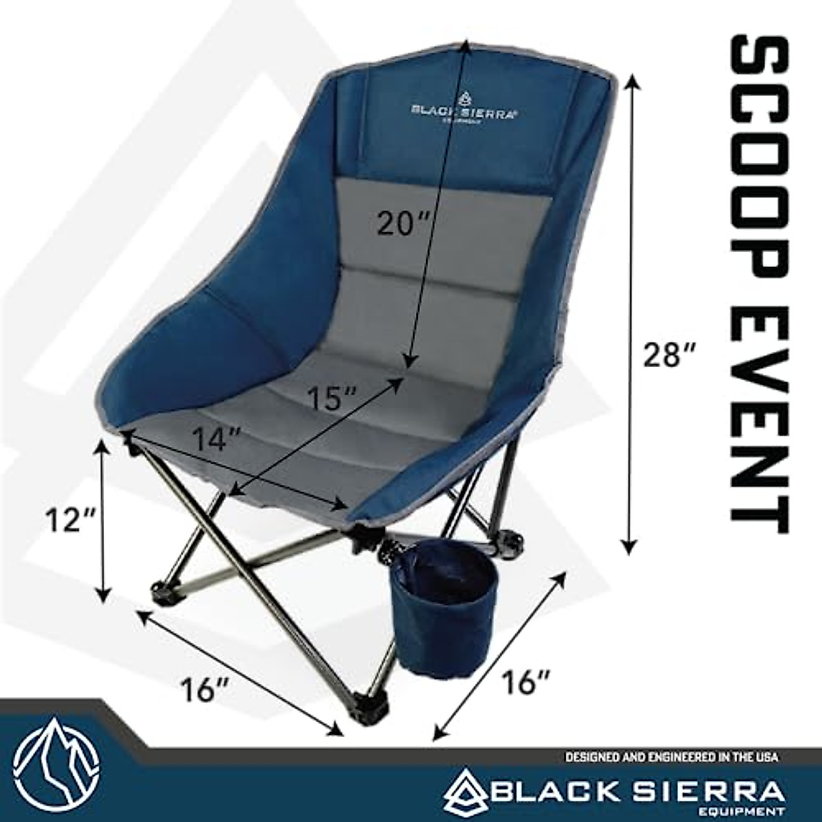 Black Sierra Deluxe Low Scoop Padded Camping Chair, Folding Event Chair with Cup Holder and Carrybag, Outdoor Portable Beach Chair Supports 250 Lbs, Event Chair, Camping Chair, Beach Chair