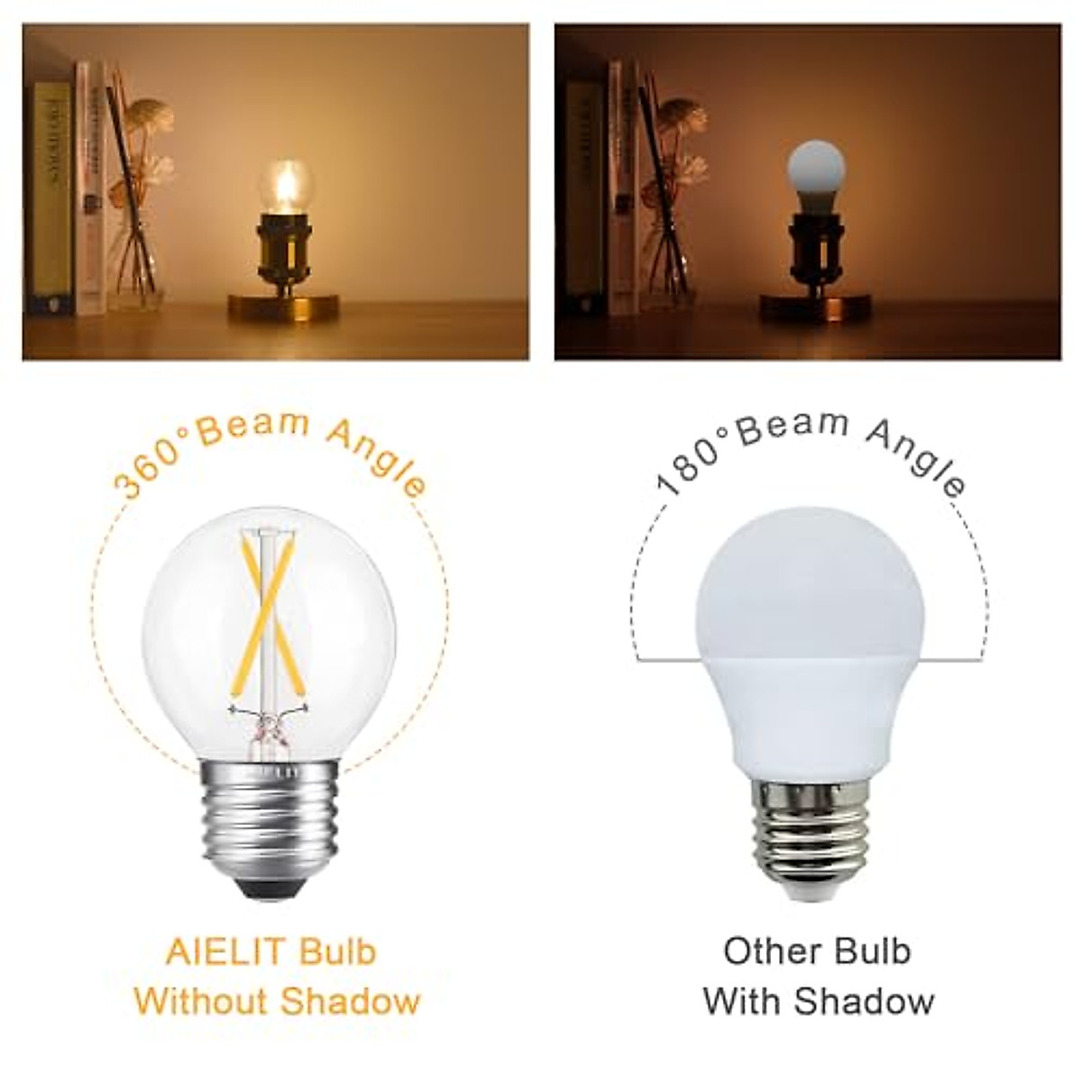 AIELIT Dimmable 2 Watt Globe LED Light Bulbs (25W Equivalent), Warm White 2700K, A15/A50 LED Bulb, E26 Medium Base, Antique Filament Edison Decorative Bulb for Chandelier, Ceiling Fan, 4 Pcs