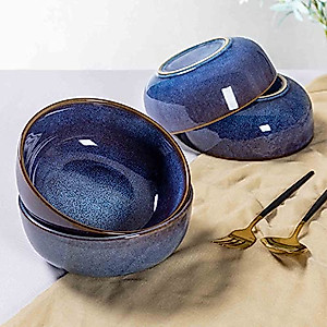Henten Home Ceramic Cereal Bowl Set, 25 OZ Salad Bowls Set of 4, Porcelain Oatmeal Bowls for Kitchen, Serving Soup Bowls, Reactive Glaze, Fruit, Oven, Microwave, Dishwasher Safe (Deep Blue)