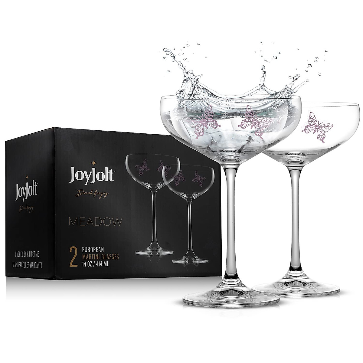 JoyJolt Meadow Butterfly Martini Glasses – 14oz Premium Crystal Martini Glasses Set of 2 – Exquisite Pink Butterfly Printing – Tall Manhattan Glasses for Cocktails, Martini, Drinks – Made in Europe