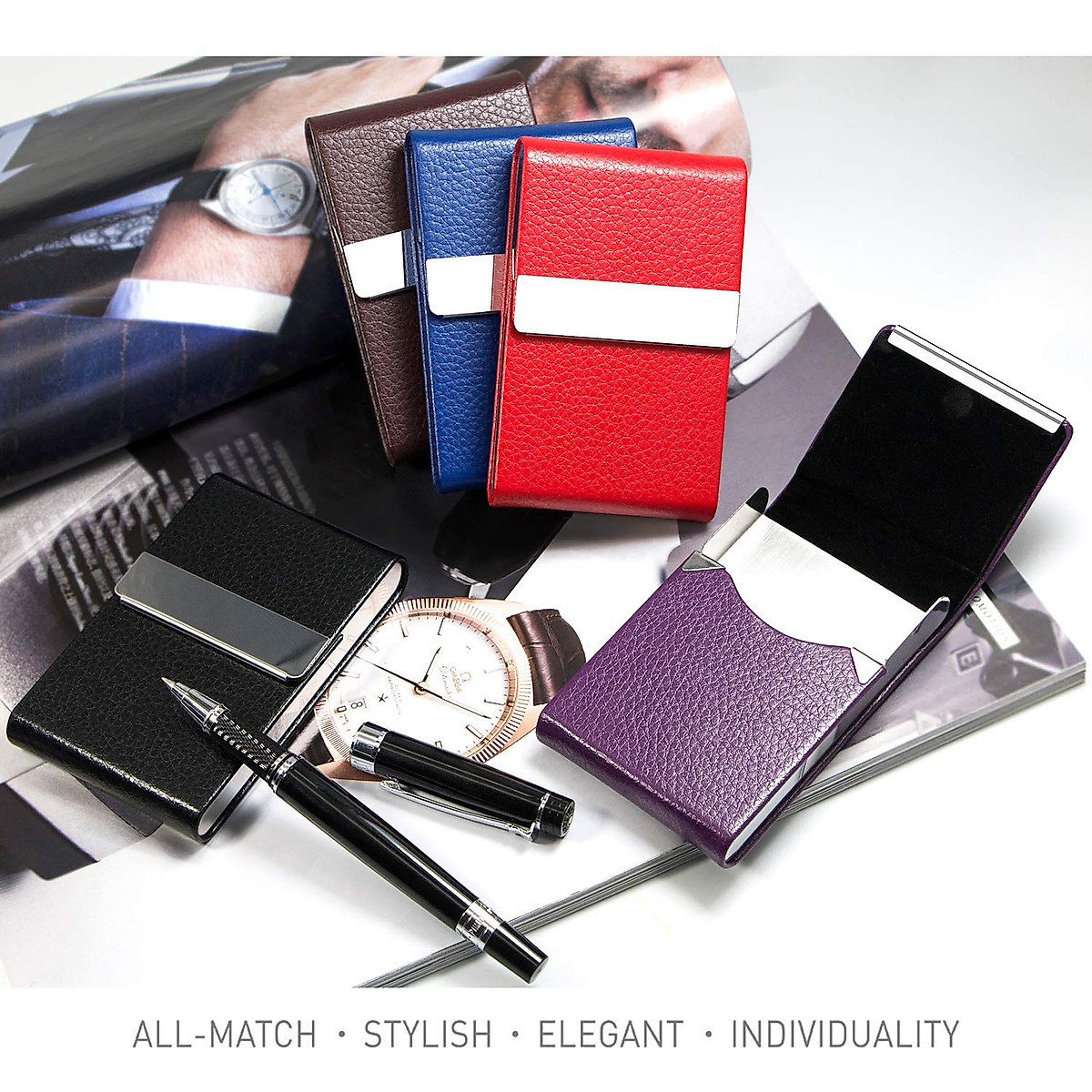 Padike Professional Business Card Holder PU Leather Business Card Case Name Card Holder Slim Metal Pocket Card Holder with Magnetic Shut (Black)