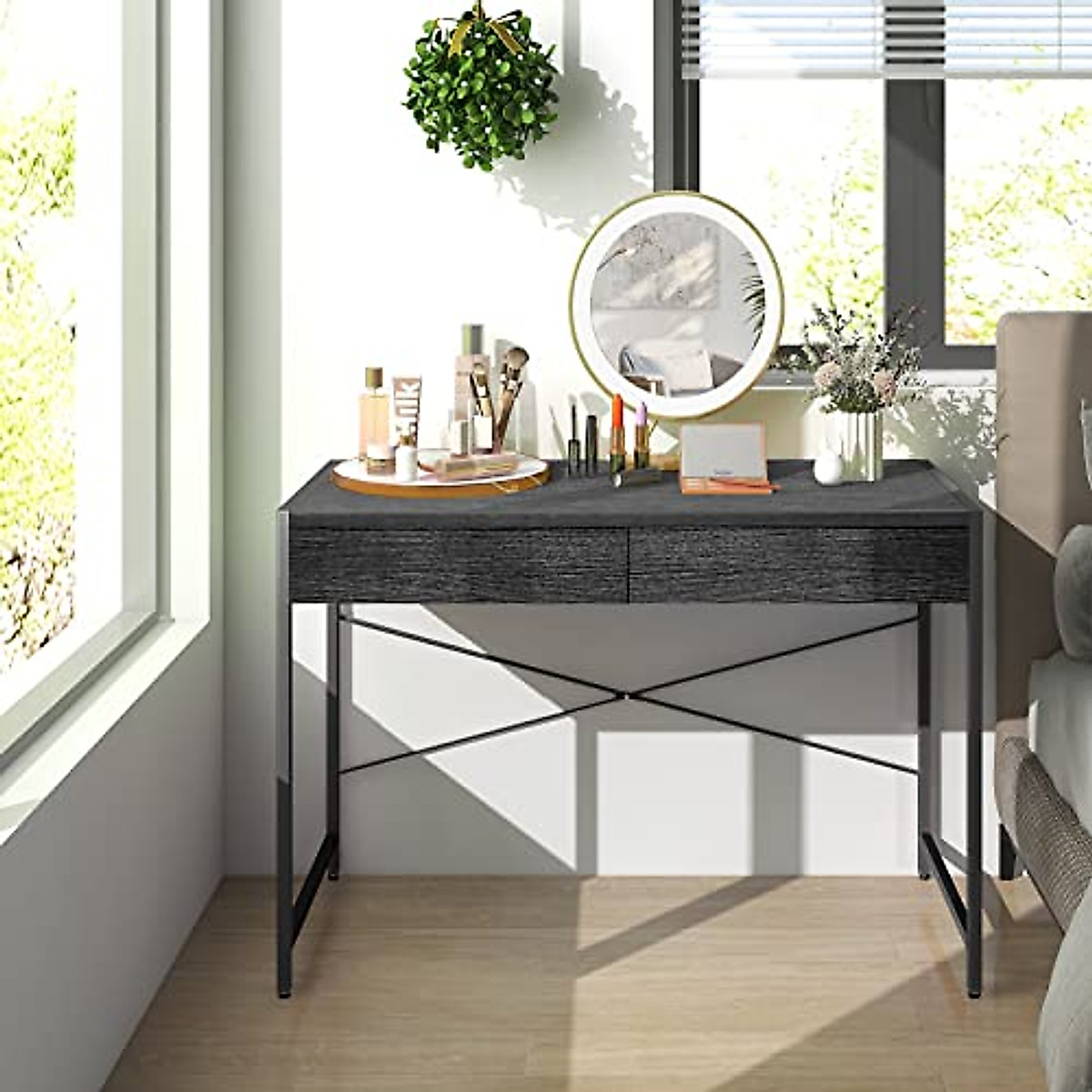 Tangkula Computer Desk with 2 Drawers, 44" Study Writing Table w/Heavy-Duty Steel Frame & Reinforced Structure, PC Desk with Storage for Home Office (Black)