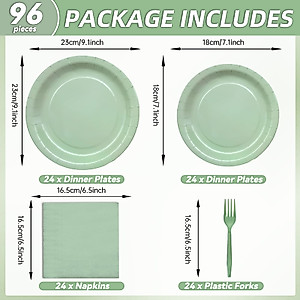 96 Pieces Sage Green Tableware Party Supplies - Elegant Light Green Disposable Dinnerware Set with Paper Plates, Napkins, and Forks for Birthdays, Weddings, Bridal Showers, Baby Showers - Serves 24