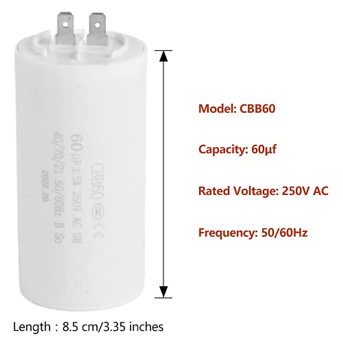 Watris Veiyi AC 250v 60μF CBB60 Run Capacitor, 50/60HZ Run Capacitor, Cylinder Shaped Motor Start Capacitor for Motor Cool/Heat Pump Washing Machine, AC Capacitor