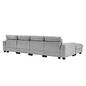 L-Shaped Corner Modular Down Feather Filled Sectional Sofa with 4 Waist Pillows and Movable Ottoman/Chaise, Deep Seat Upholstered Reversible Cushions Couch for Home Office Apartment Living Room Sets