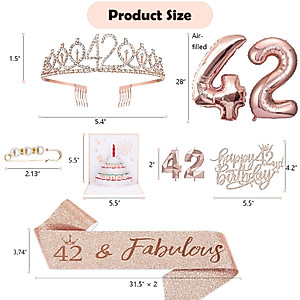 42nd Birthday Decorations for Her Women, Including 42 year old Birthday Cake Topper, Birthday Queen Sash with Pearl Pin, Sweet Rhinestone Tiara Crown, Number Candles and Balloons Set, Rose Gold