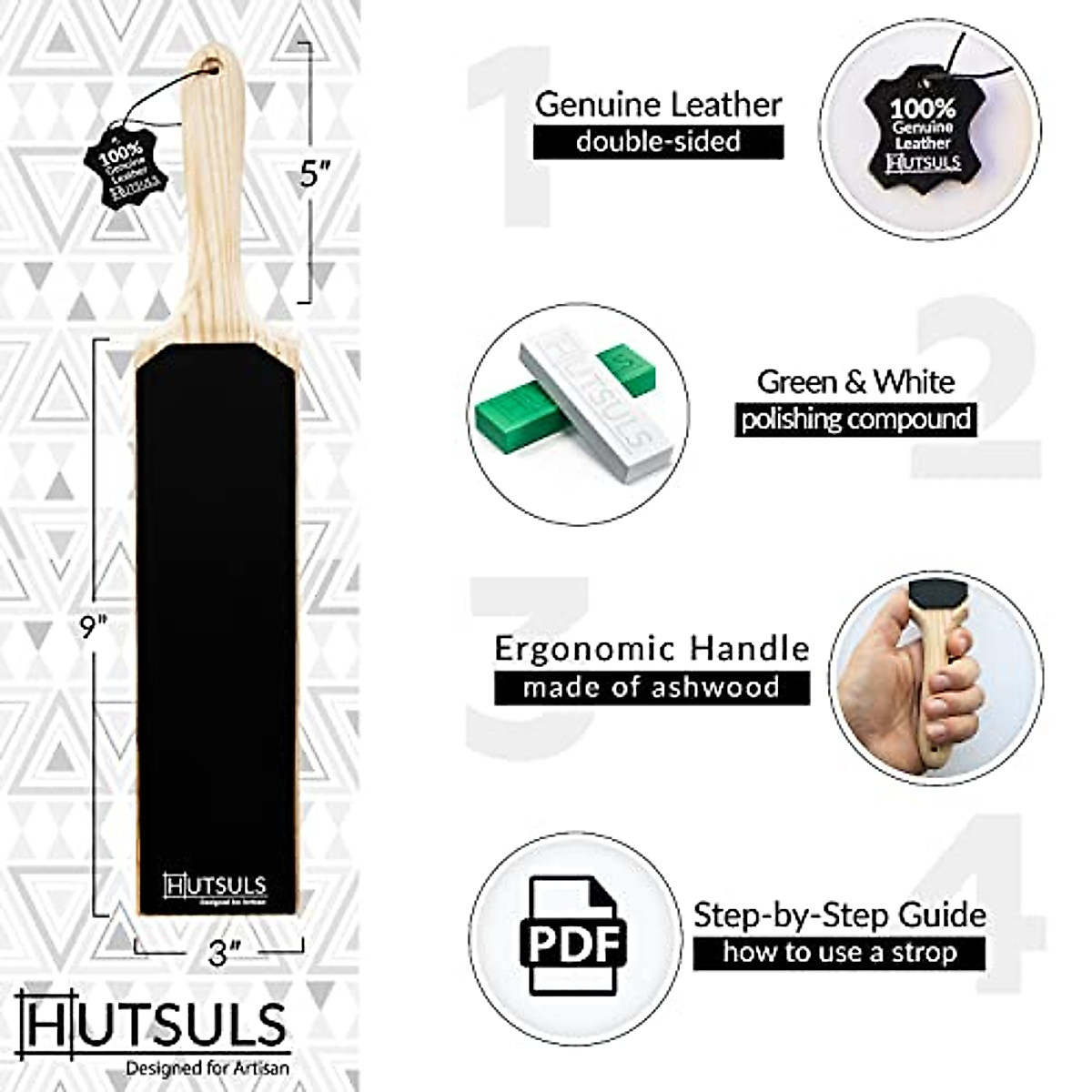 Hutsuls Leather Strop for Knife Sharpening - Get Razor-Sharp Edges with 3" x 9" Double Sided Paddle Strop Block, Easy to Use Knife Strop with Ergonomic Handle & Stropping Leather Knife Sharpener Guide
