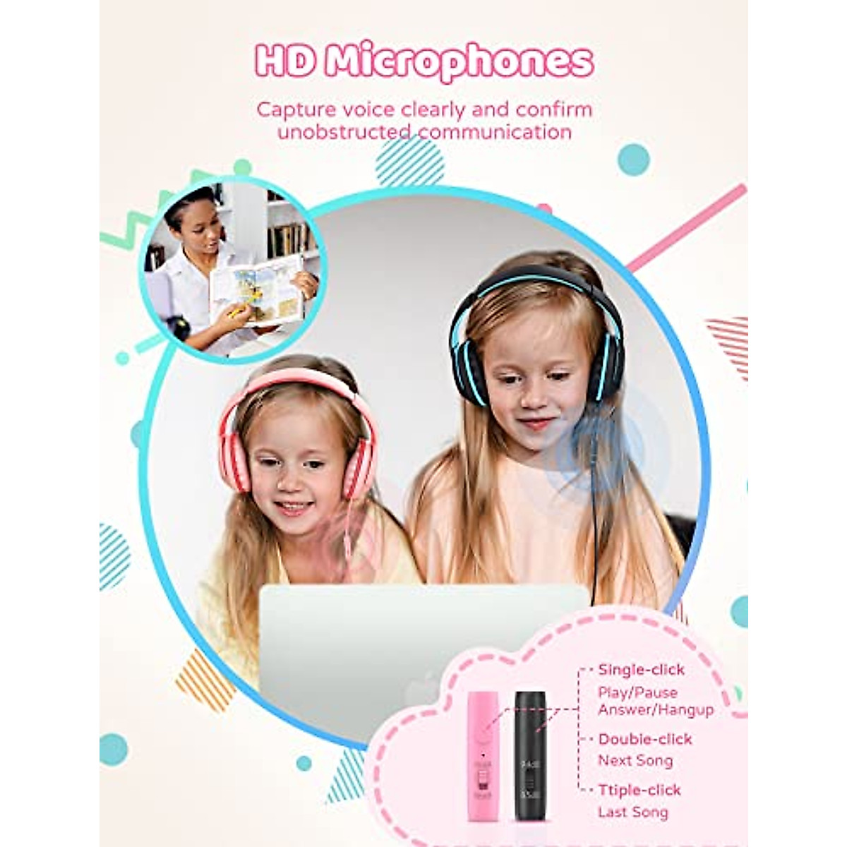 Kids Headphones Wired with Microphone, 85/94dB Volume Limit, Foldable Adjustable Headphone for Girls Boys Children, Tangle-Free 3.5mm Jack Wired for Study, School, Kids Headset for iPad (pink&black)