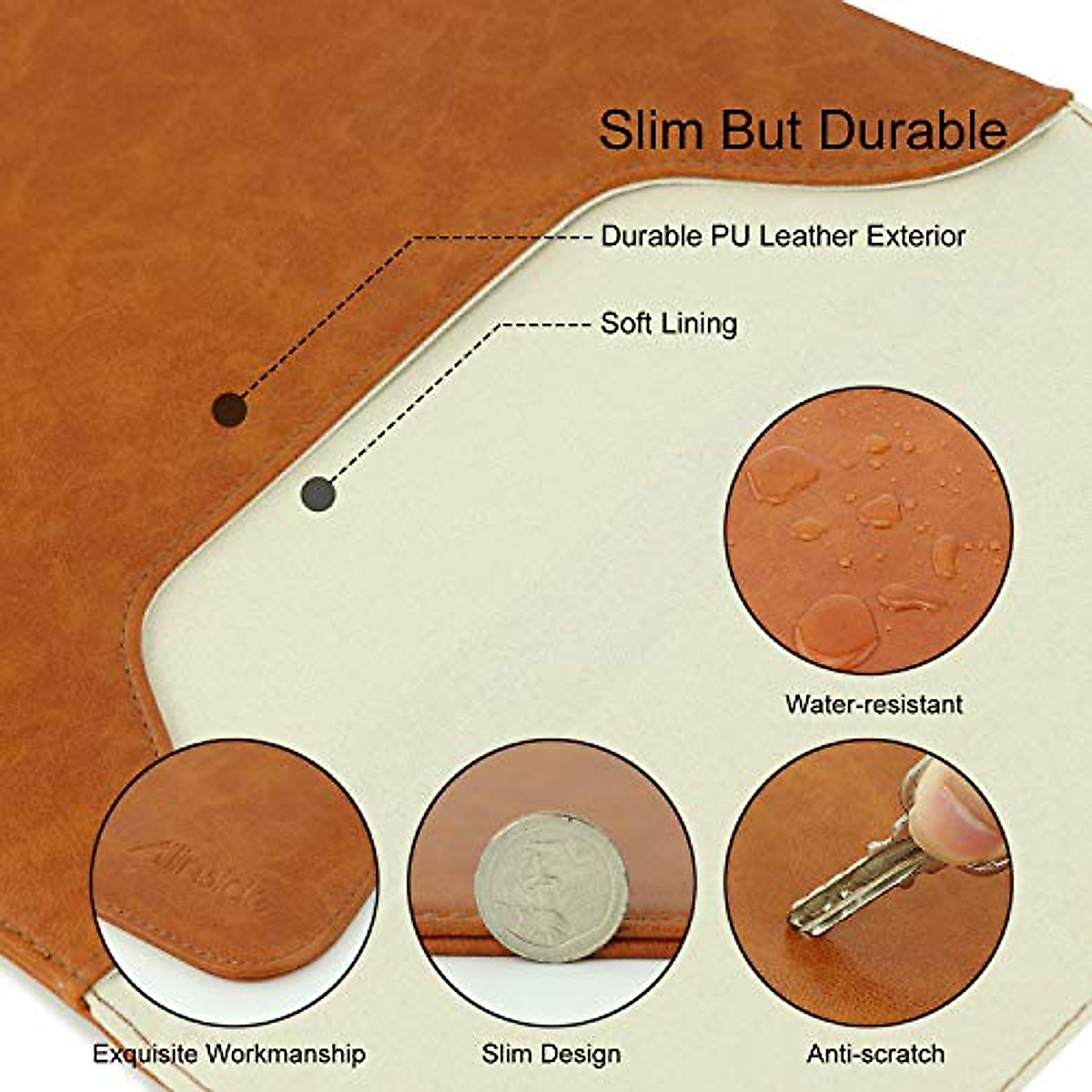 Allinside 13" Laptop Sleeve Compatible with MacBook Air 13 2018-2022 (M2 A2681 M1 A2337)/ MacBook Pro 13 2016-2022 (M2 A2686 M1 A2338 A2251 A2289 A2159), PU Leather Case, Brown