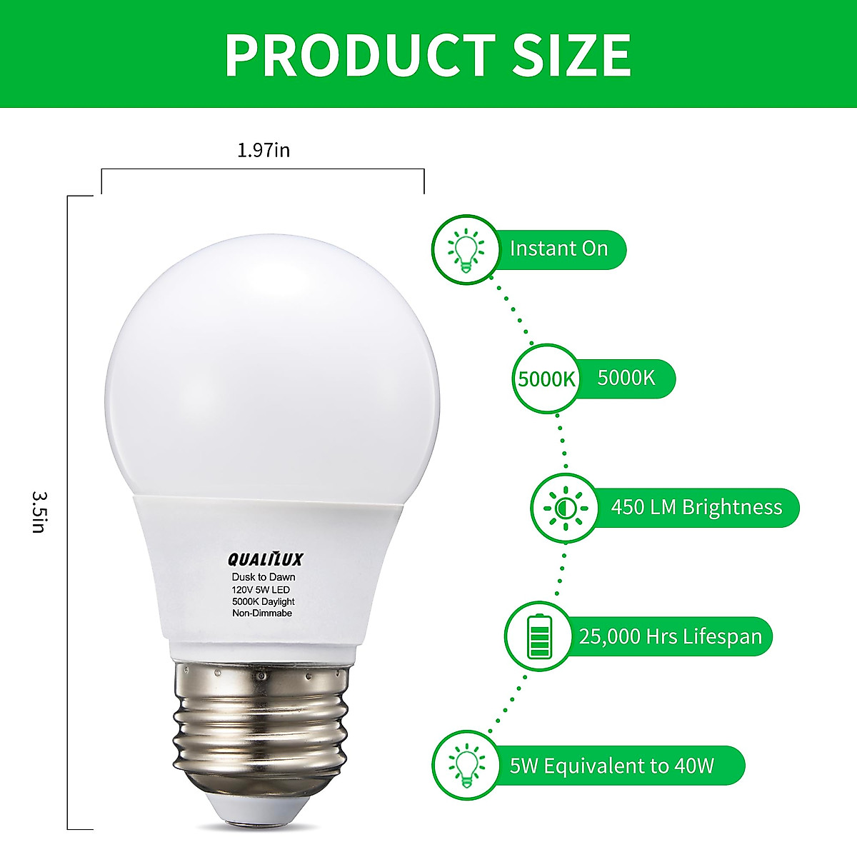 Qualilux A15 Small Dusk to Dawn Light Bulbs Outdoor 450LM, Daylight, 5W=40W, Auto On/Off Non-Dimmable Replacement LED Bulb for String Lights, Porch, Patio, Garden, E26 Base, 4-Pack, HQ-H031